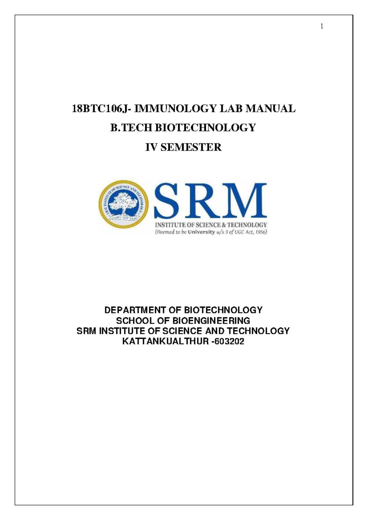 Immunology Lab Manual - B.Tech Biotechnology IV Sem - SRM Institute ...