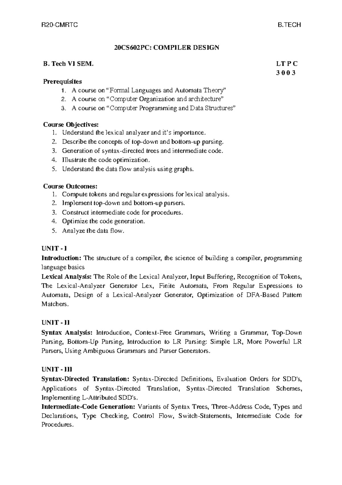 CS602PC - Compiler Design Course Overview and Key Concepts - Studocu