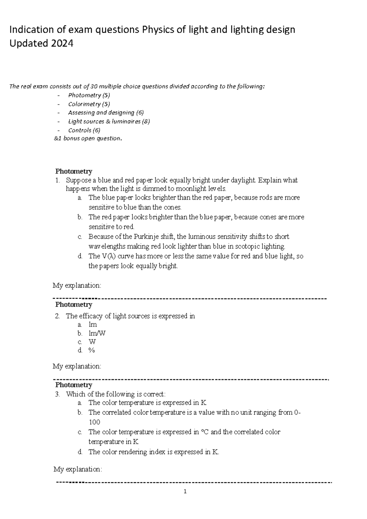 Exam Questions & Answers: Physics of Light & Lighting Design (2024 ...