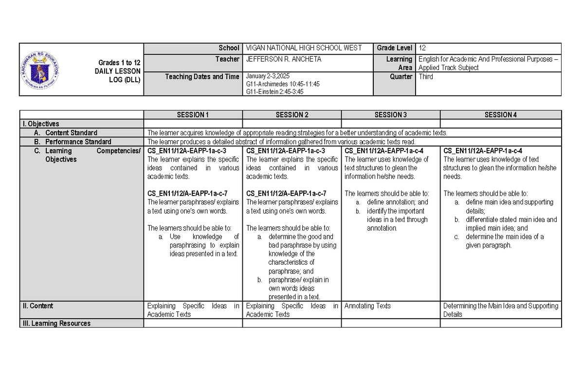 EAPP Q3 Week 4: Objectives and Strategies for Academic Texts - Studocu