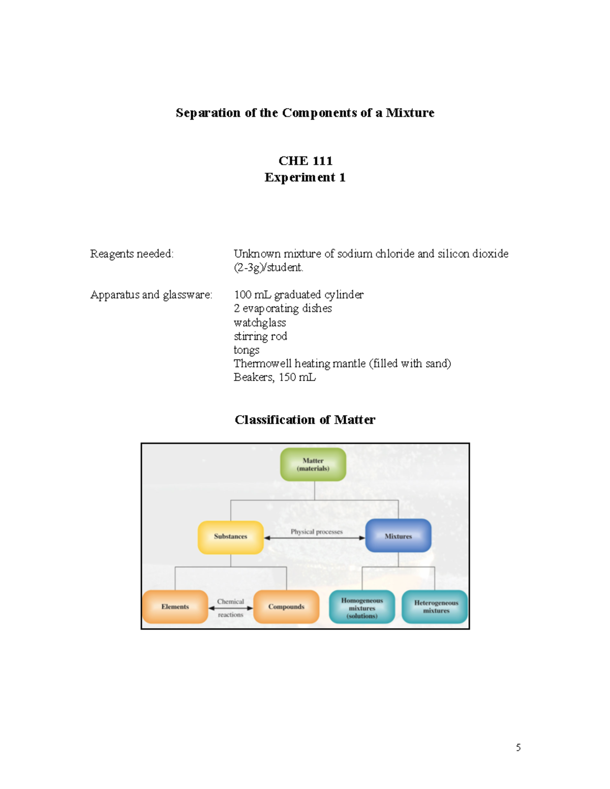 CHE 111 Lab 3 - Experiment 1: Separation of Mixture Notes & Answers ...