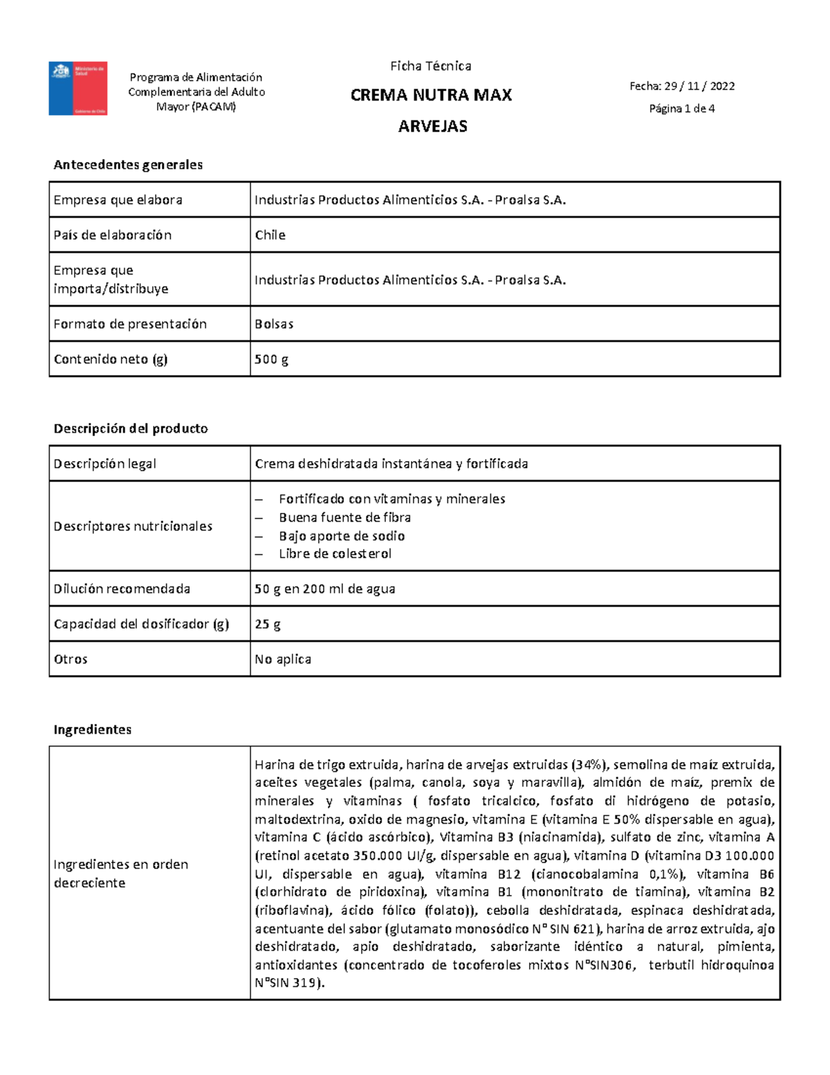 PACAM 2022: Crema Nutra Max de Arvejas - Información Nutricional y ...