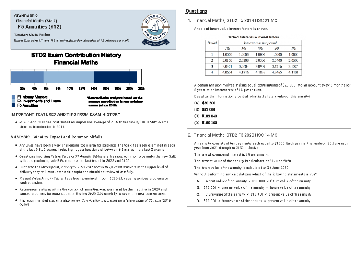 HSC Financial Maths STD 2: Annuities - Key Questions & Insights - Studocu