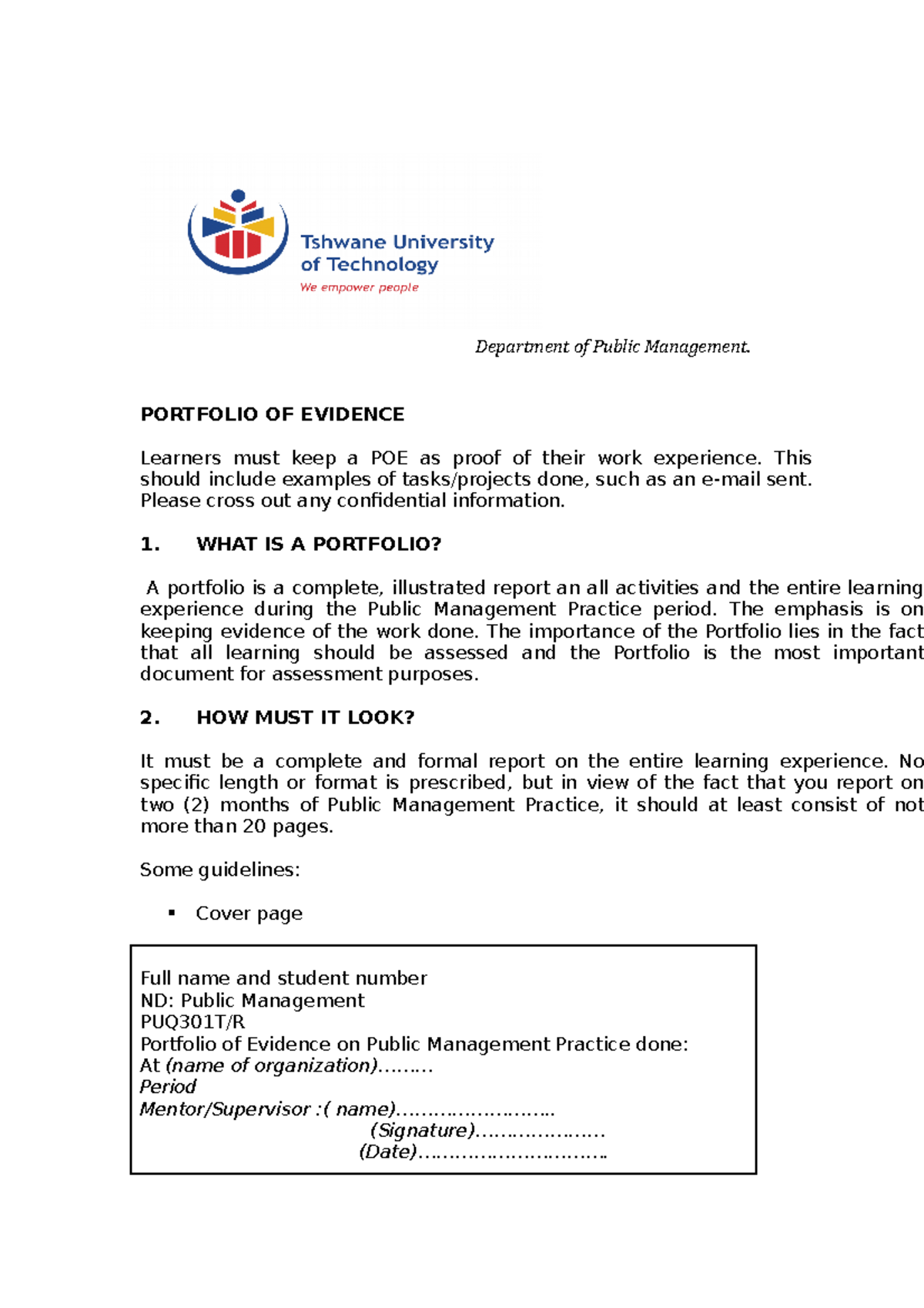 Portfolio of Evidence - ND Public Management PUQ301T Sample - Studocu