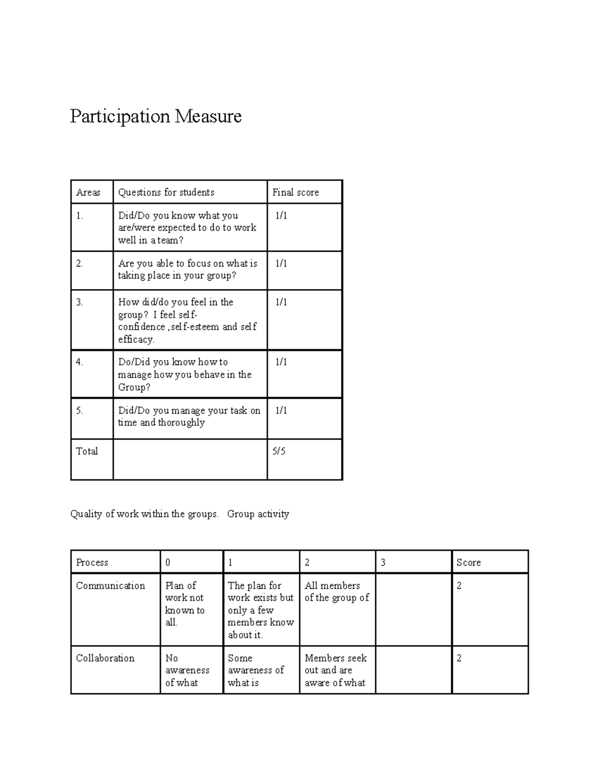 Participation Measure Areas: Group Activity Indicators for Final Score ...
