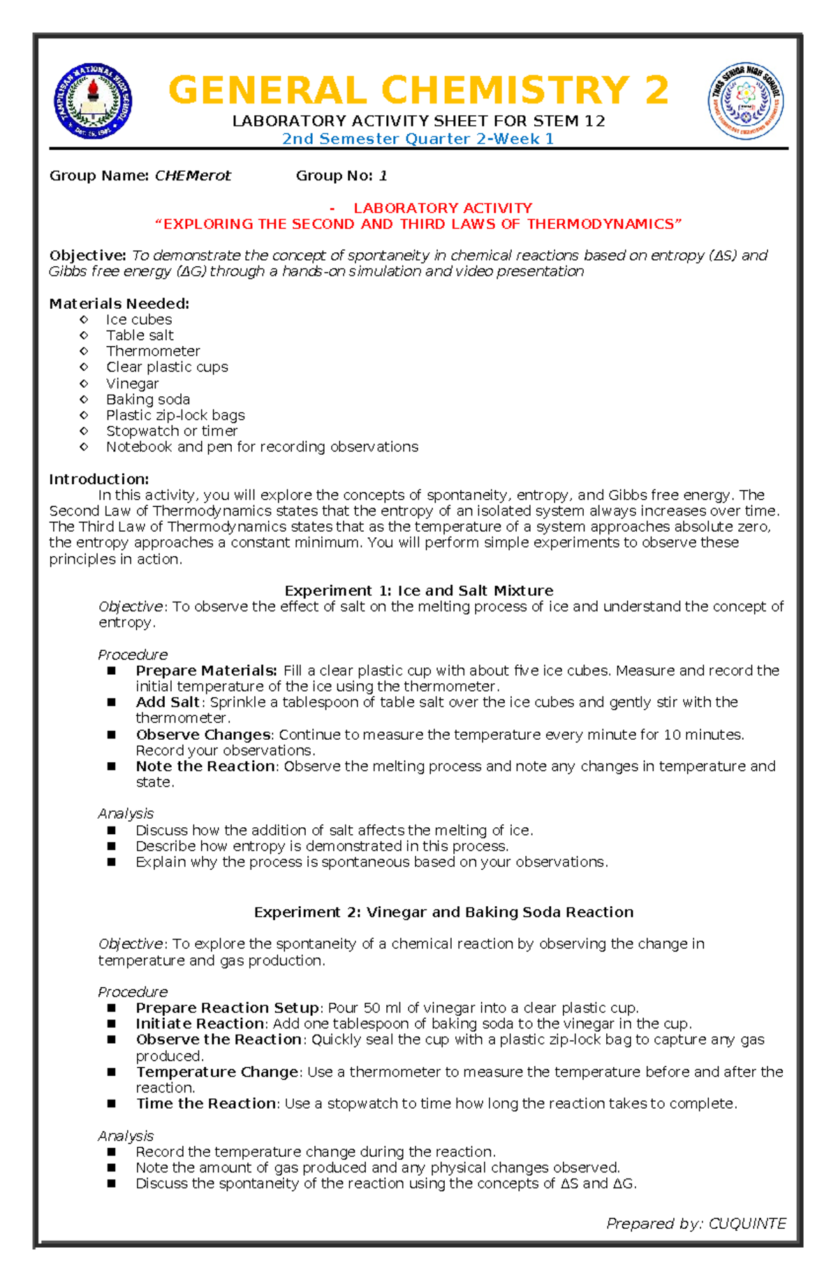 GC2 Q2 Week 1 Lab Activity: Second & Third Laws of Thermodynamics - Studocu