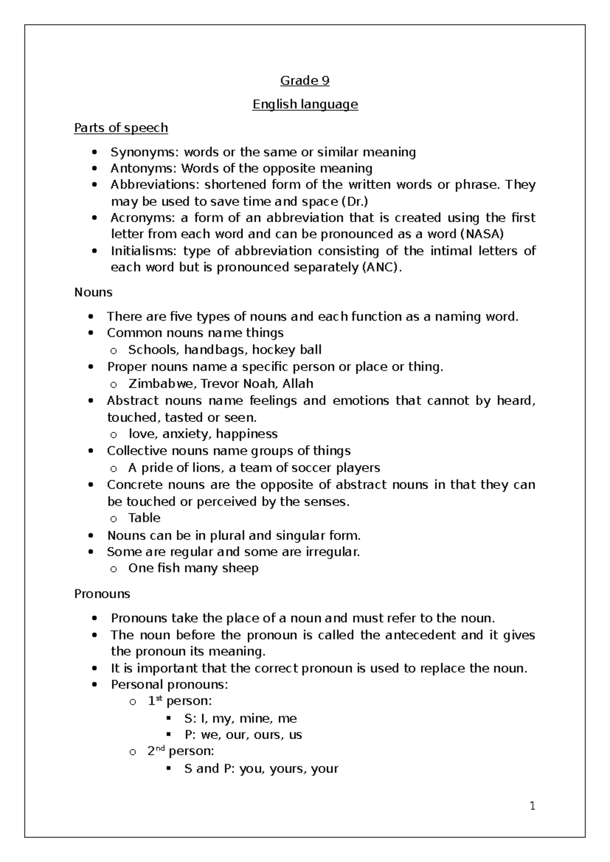 Grade 9 English Language Notes: Parts of Speech & Common Errors - Studocu