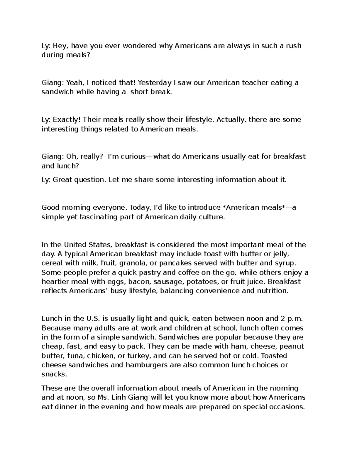 American Meals and Drinks: A Cultural Exploration (Course Code: Thoại ...