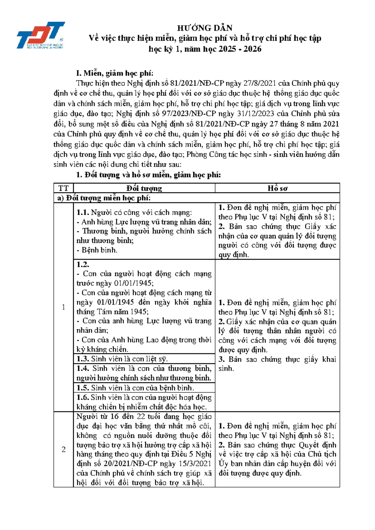 HƯỚNG DẪN Miễn, Giảm Học Phí & Hỗ Trợ Chi Phí Học Tập HK1 2025-2026 ...