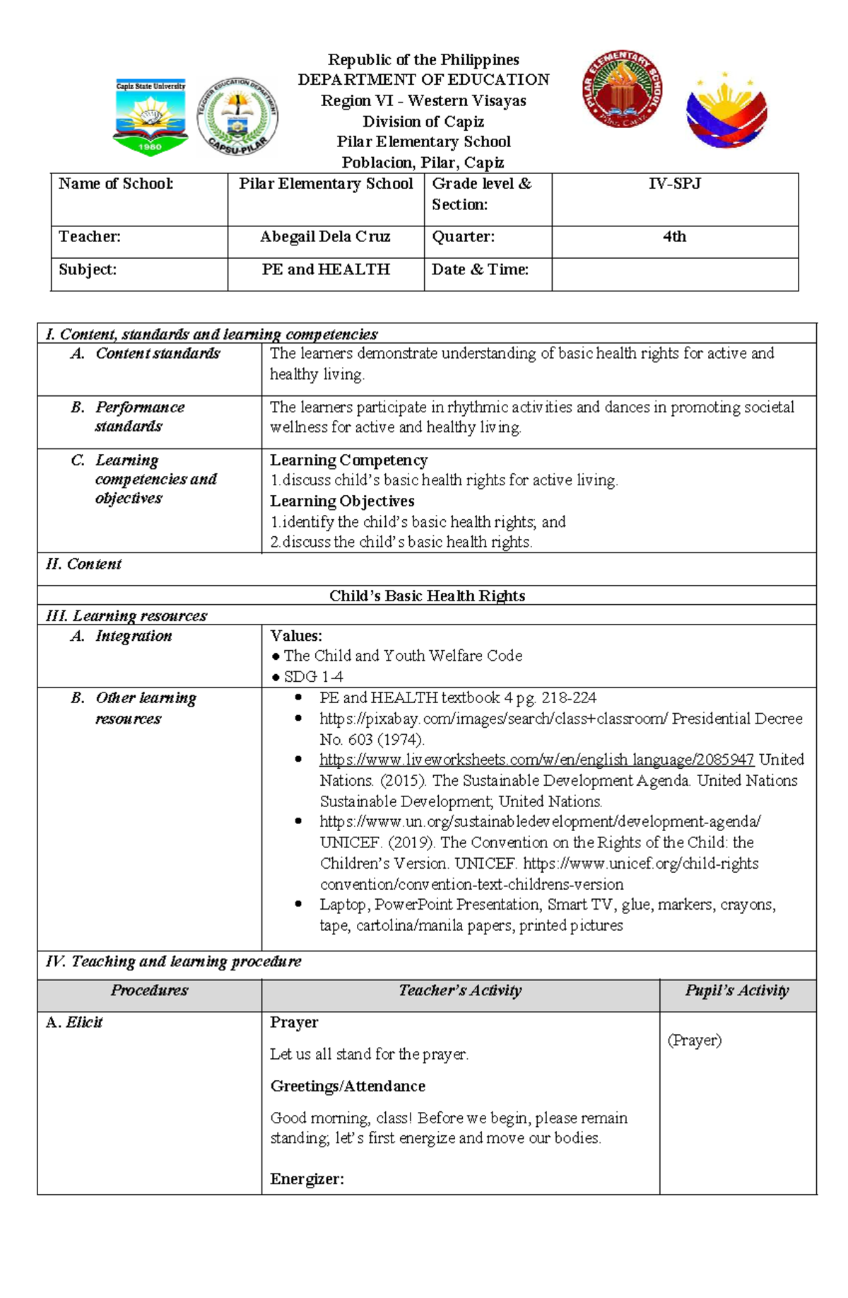 PE and Health Lesson Plan: Basic Health Rights (Grade 4) - Studocu