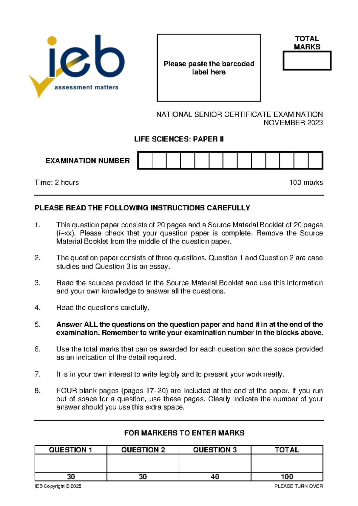 Life Sciences IEB NSC Grade 12 Past Exam Paper 2023: Paper II - Studocu
