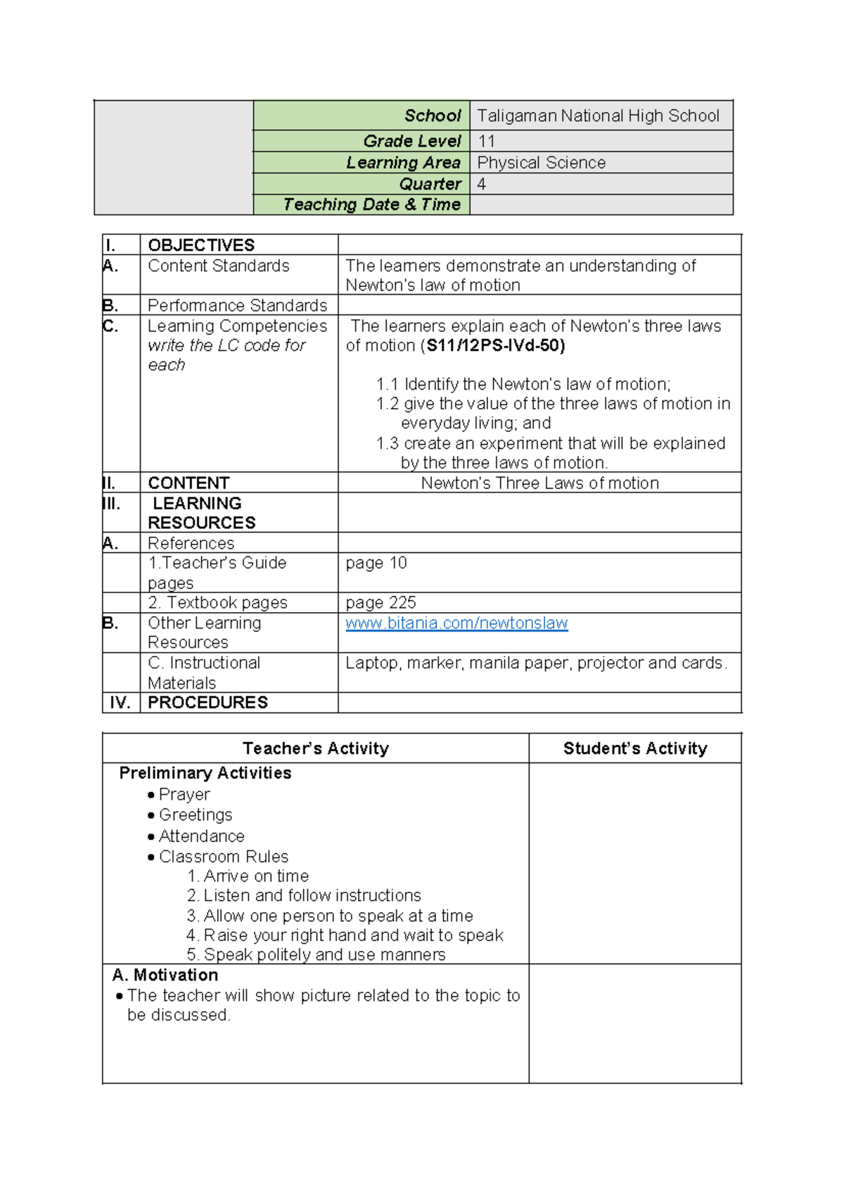 Detailed Lesson Plan: Physical Science (Grade 11) - Laws of Motion ...