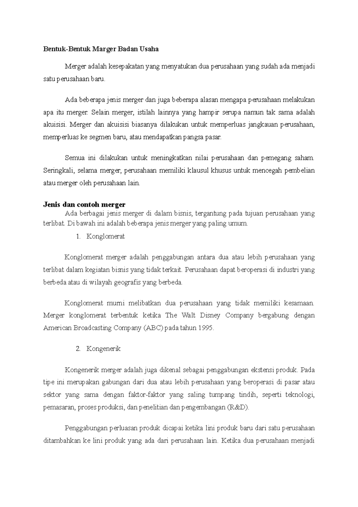 Bentuk-Bentuk Merger Badan Usaha: Jenis dan Contoh Merger - Studocu