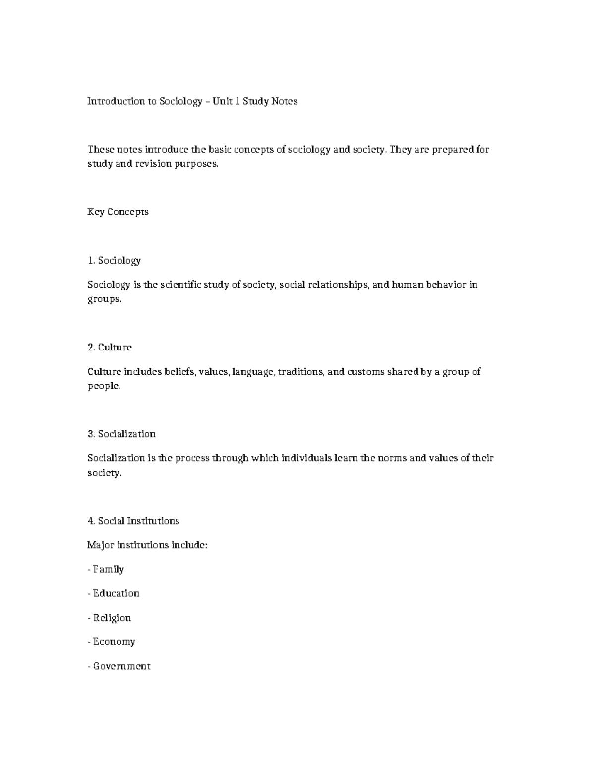 Sociology 101: Unit 1 Study Notes on Key Concepts - Studocu