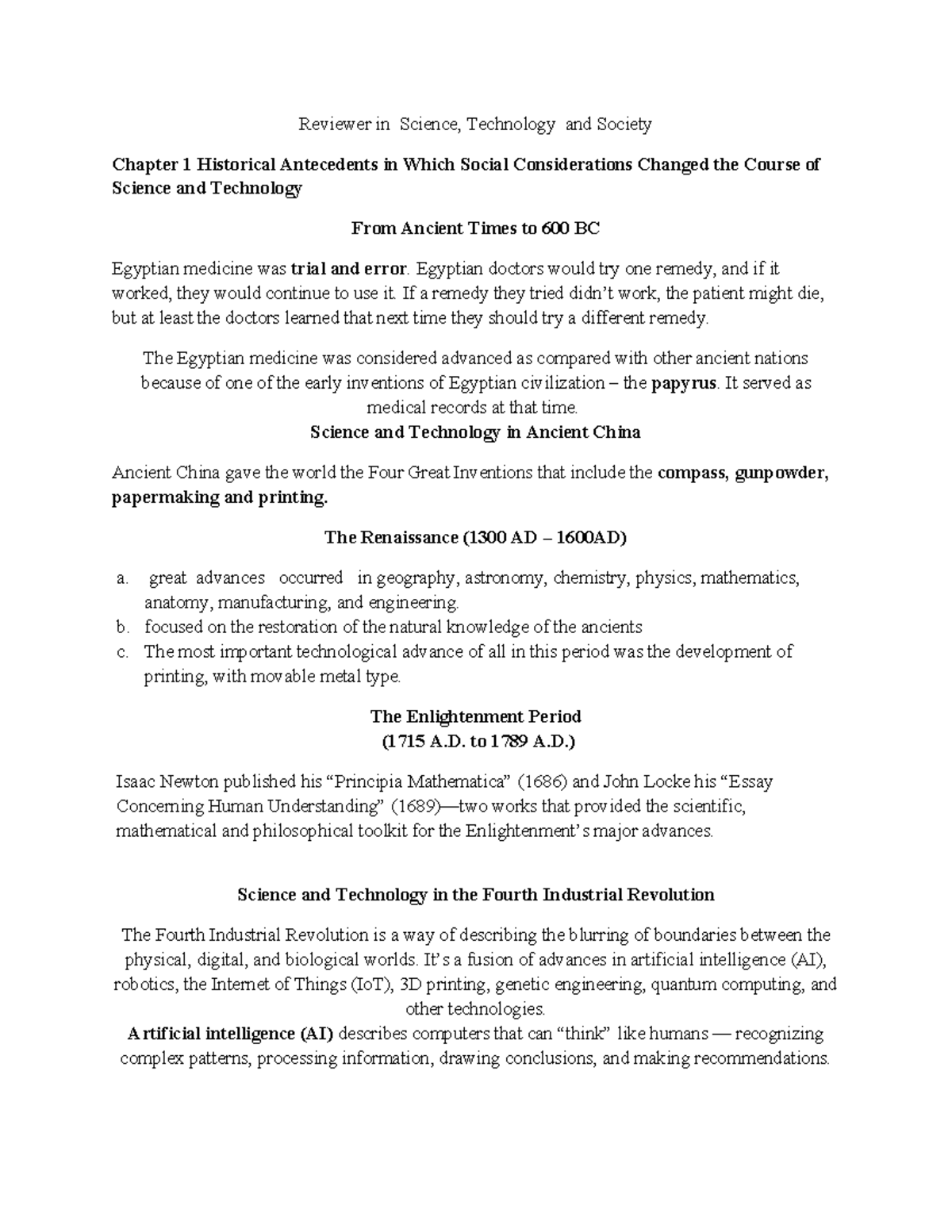 STS 101 Midterm Reviewer: Historical Development of Science & Technology - Studocu