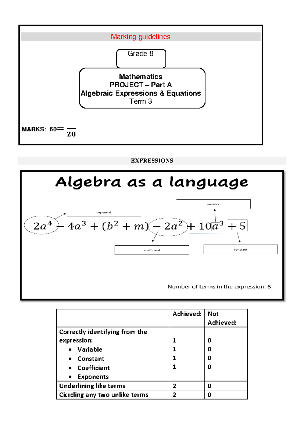 GR8 Mathematics Project Term 3 Memo: Algebraic Expressions & Equations ...