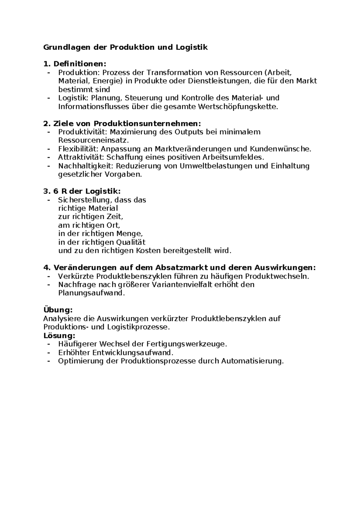 Produktion und Logistik Lernblatt - Grundlagen der Produktion und ...