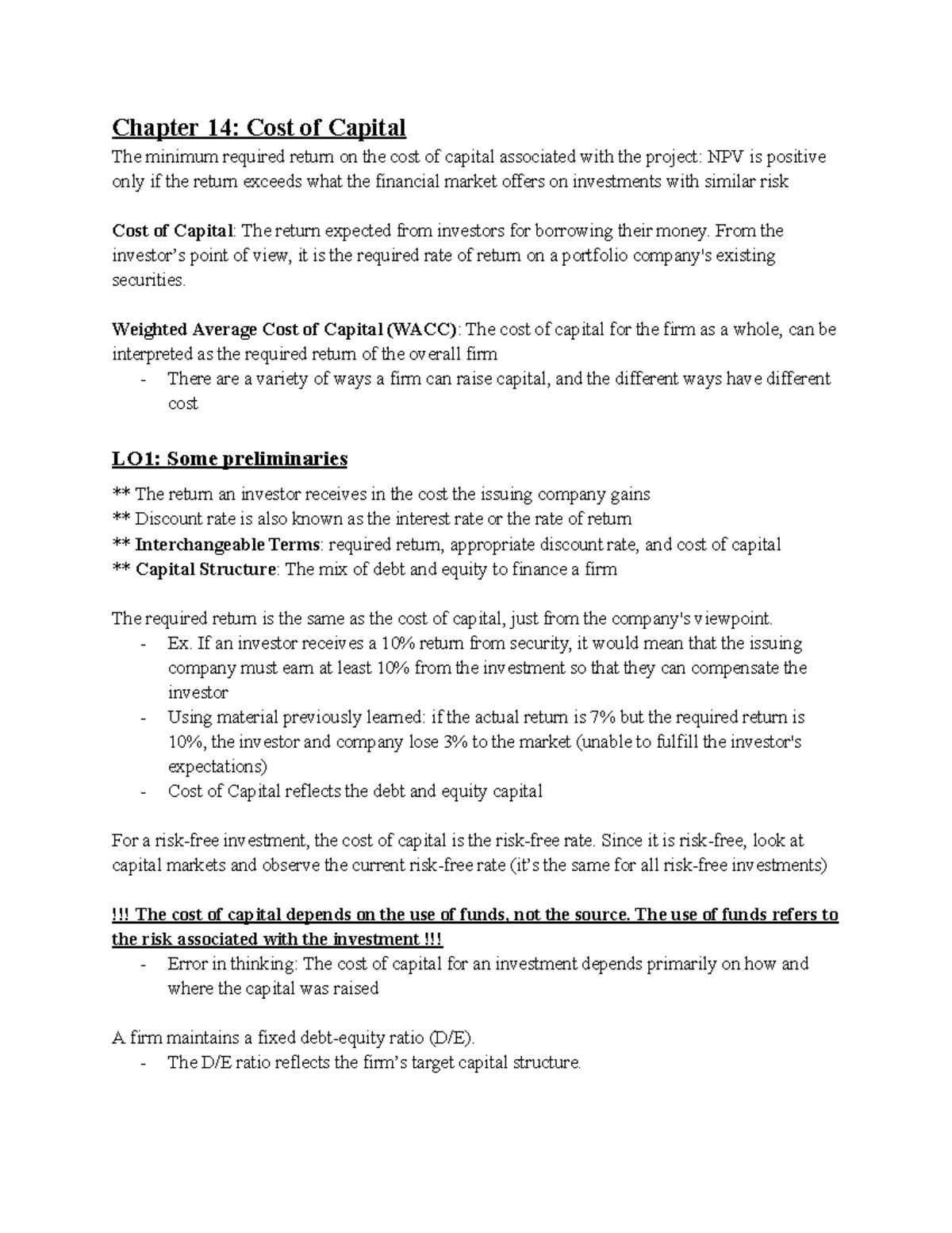 Cost of Capital Overview - 2FB3 Notes on Chapter 14 Concepts - Studocu