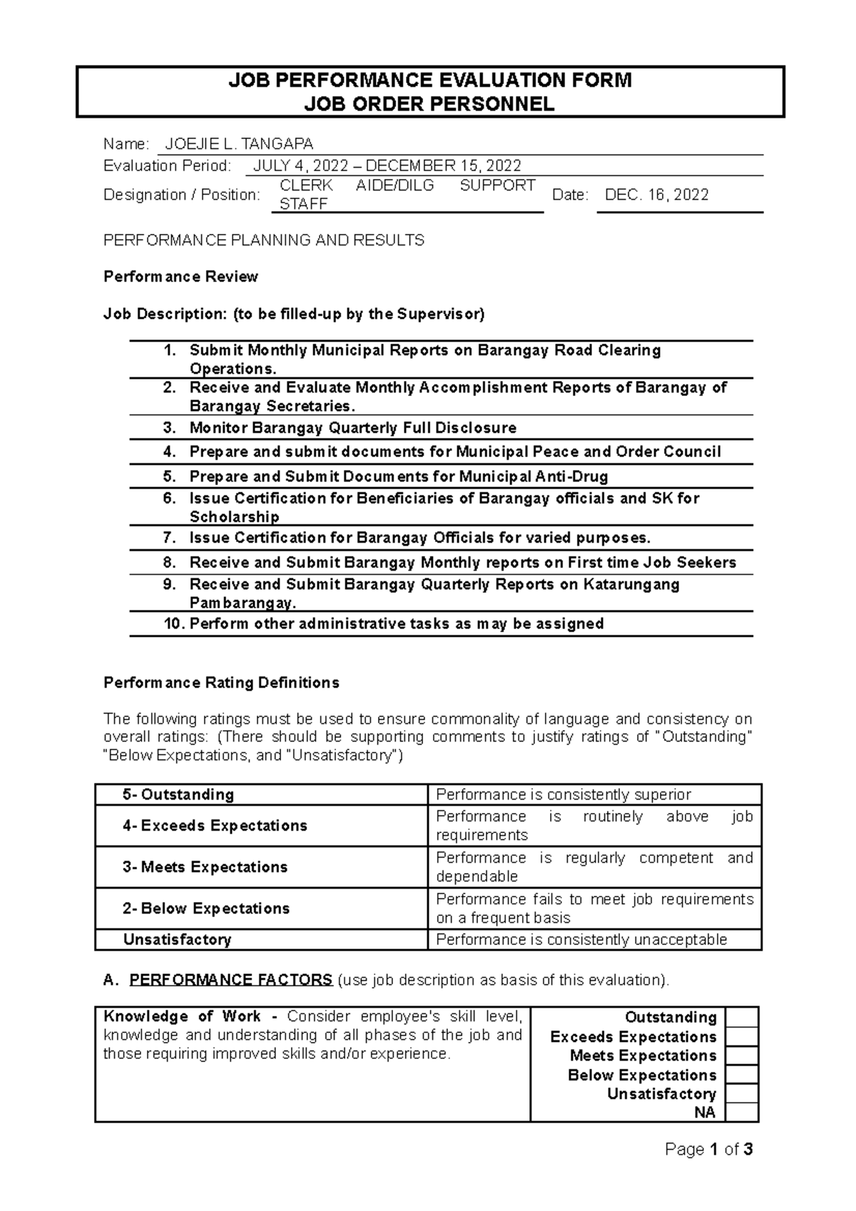 Jaijai IPCR - Job Performance Evaluation Form (JOEJIE L. TANGAPA) - Studocu
