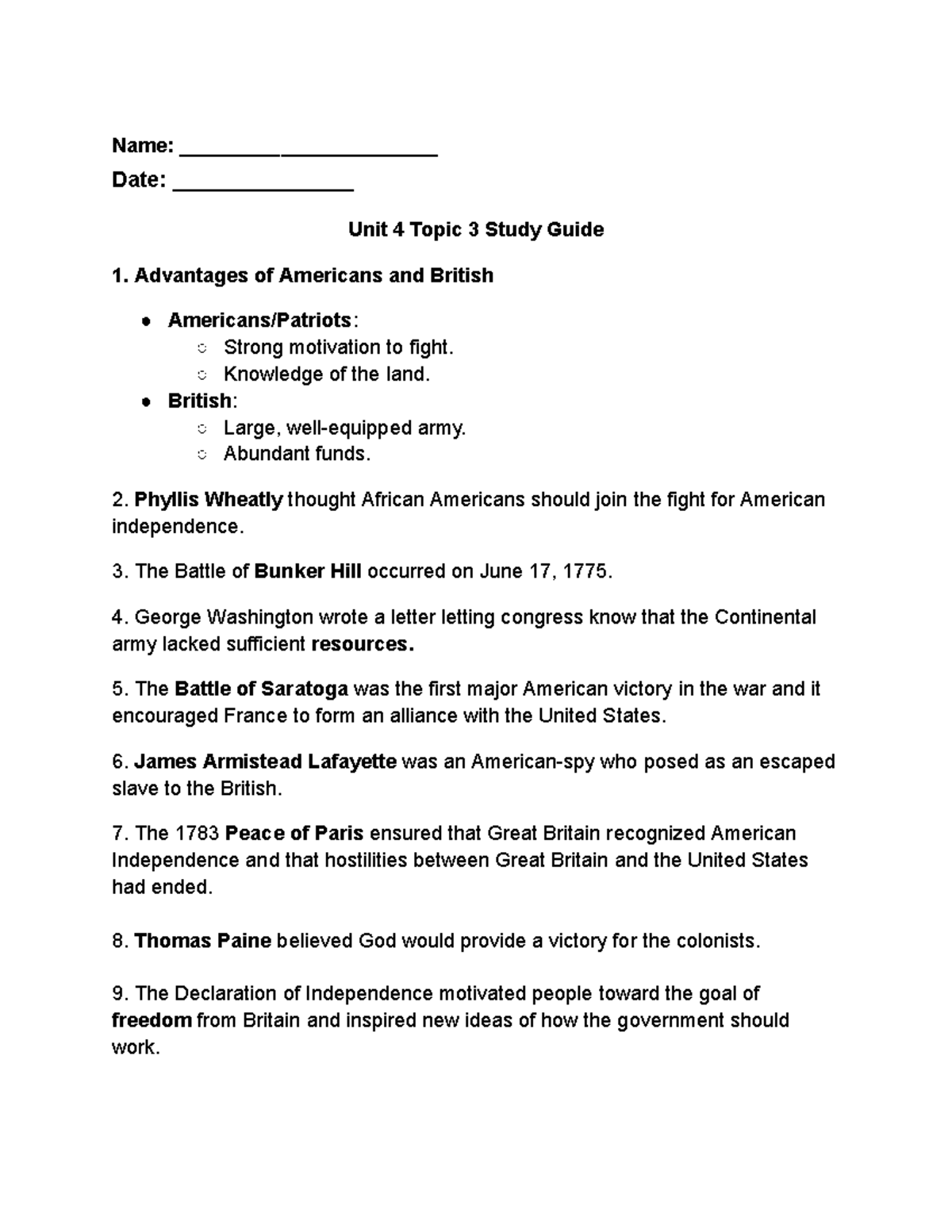 Unit 4 Topic 3 Study Guide: Key Concepts of American Revolution - Studocu