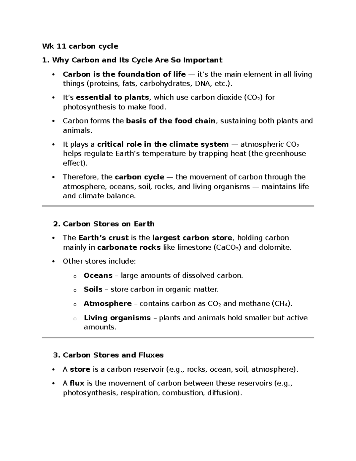 Wk 11 Carbon Cycle: Importance, Stores, and Marine Dynamics - Studocu