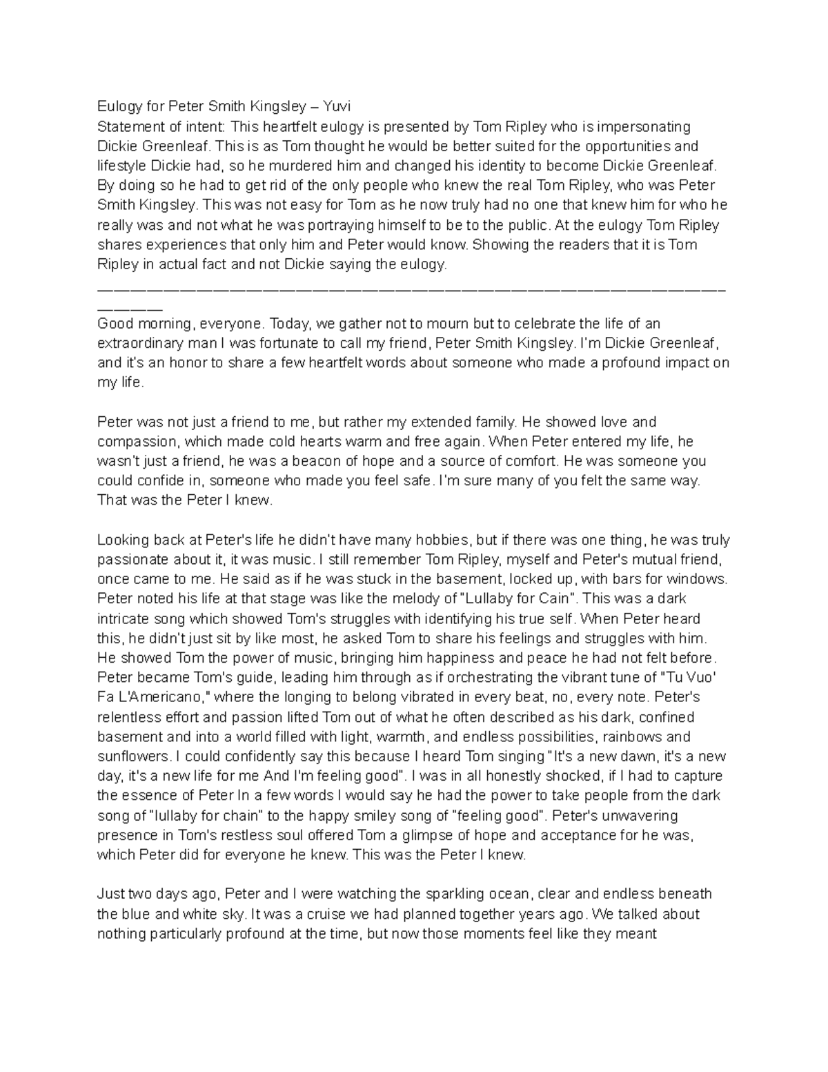 Eulogy for Peter Smith Kingsley: A Tribute by Tom Ripley - Studocu