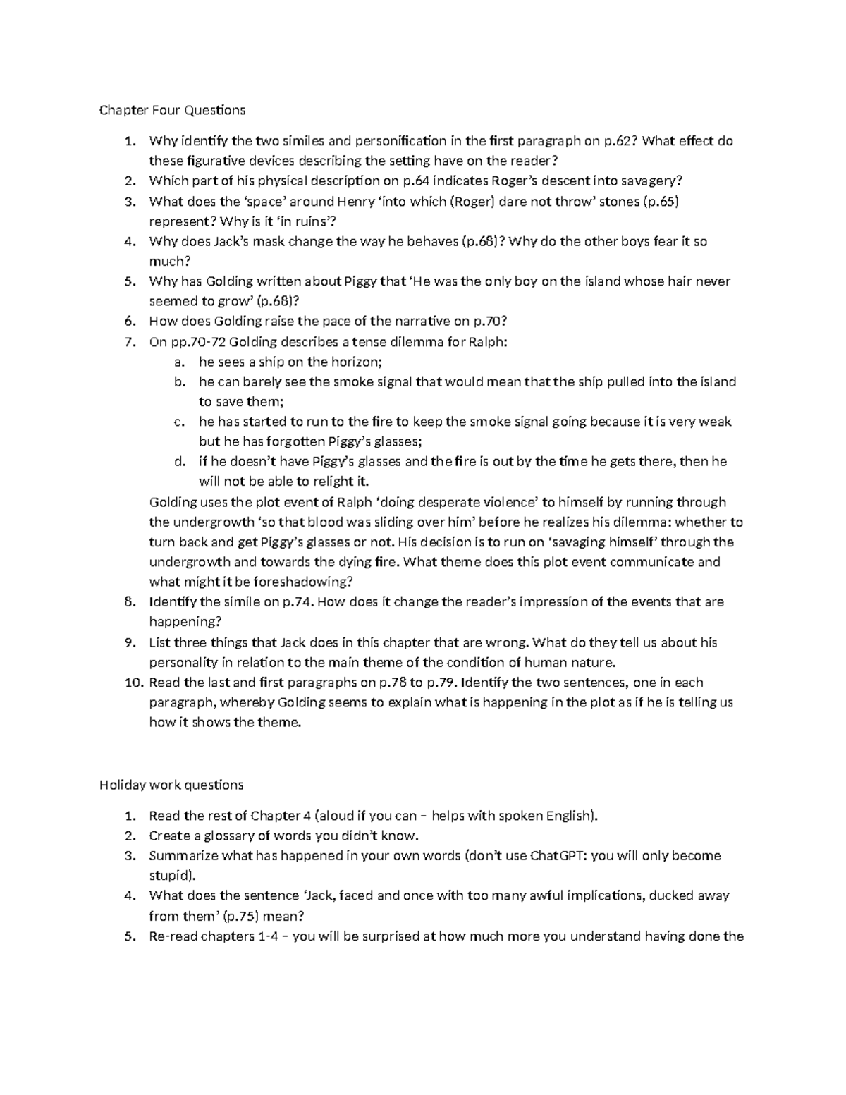 Chapter 4 Questions: Analyzing Figurative Language & Themes in Golding ...