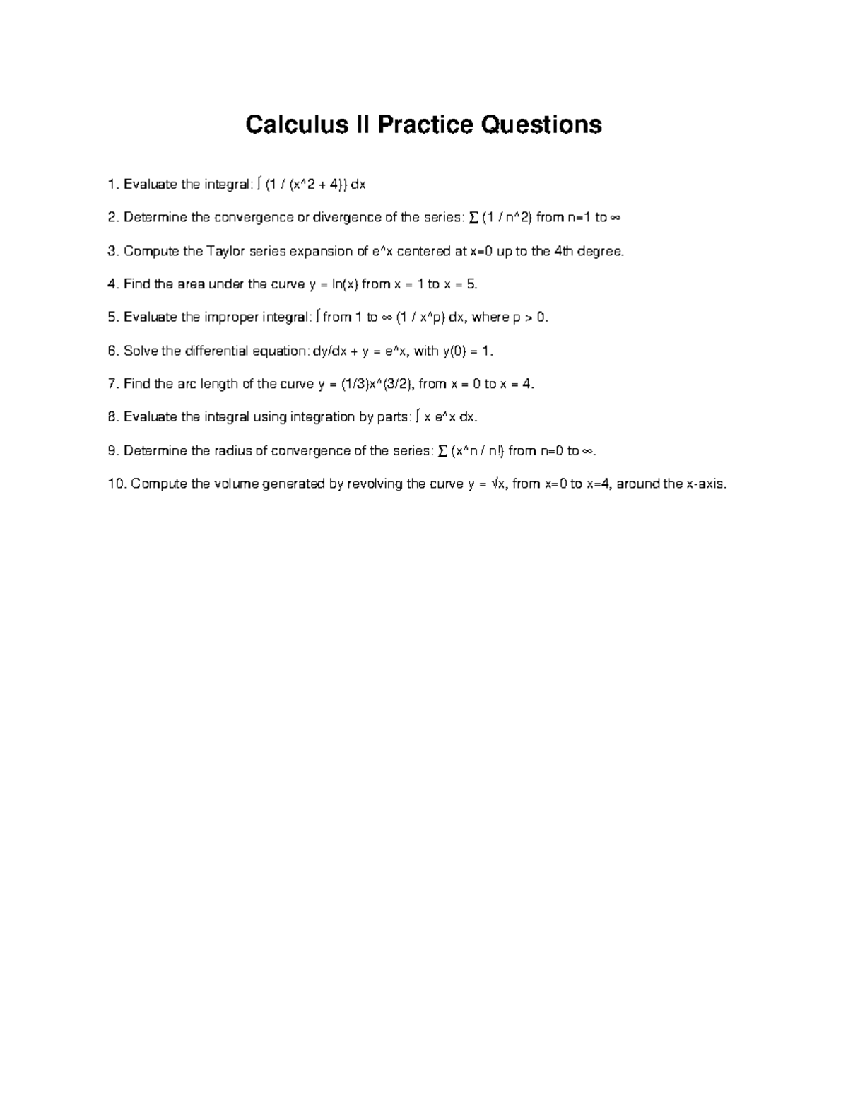 Calculus II Practice Questions and Solutions - Studocu