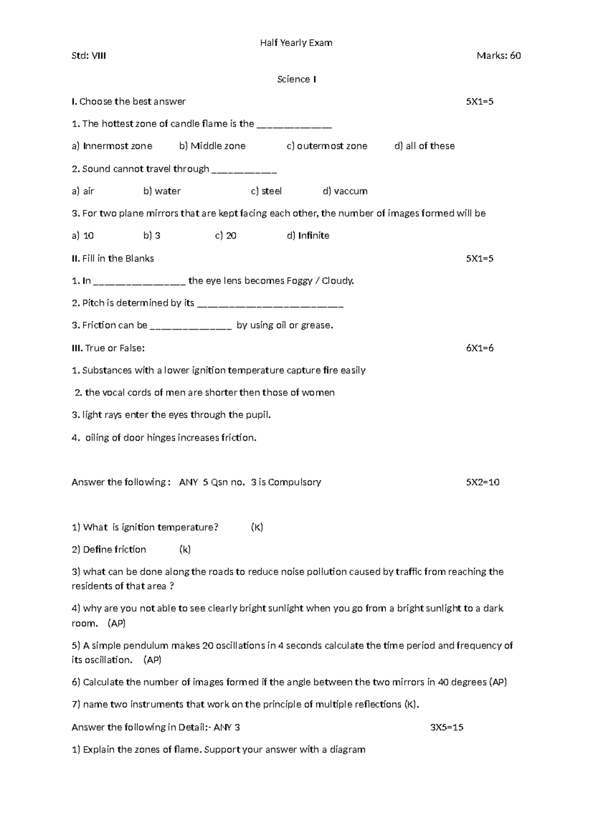 Half Yearly Exam SCI 8: Key Concepts & Questions - Studocu