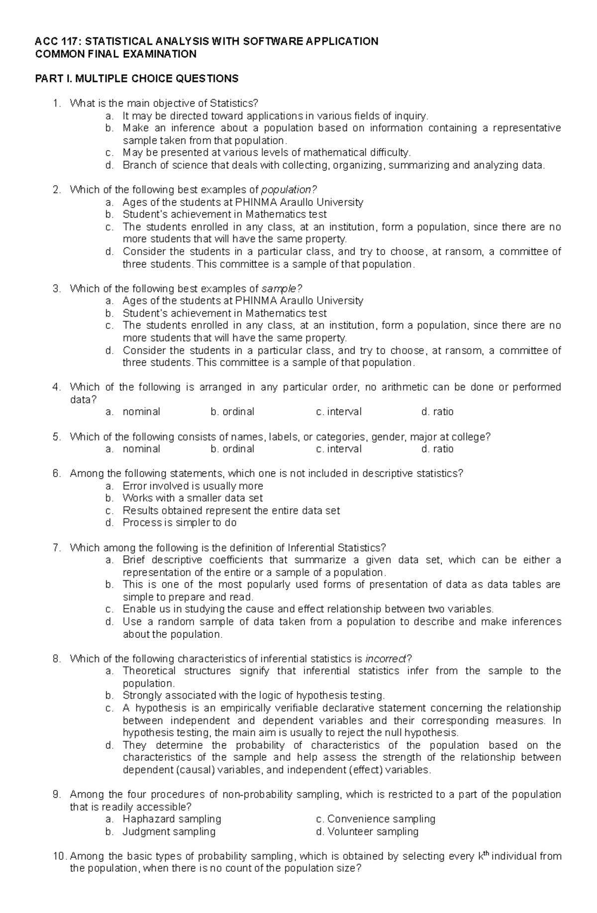 ACC 117: Statistical Analysis Final Exam Review - Part I - Studocu