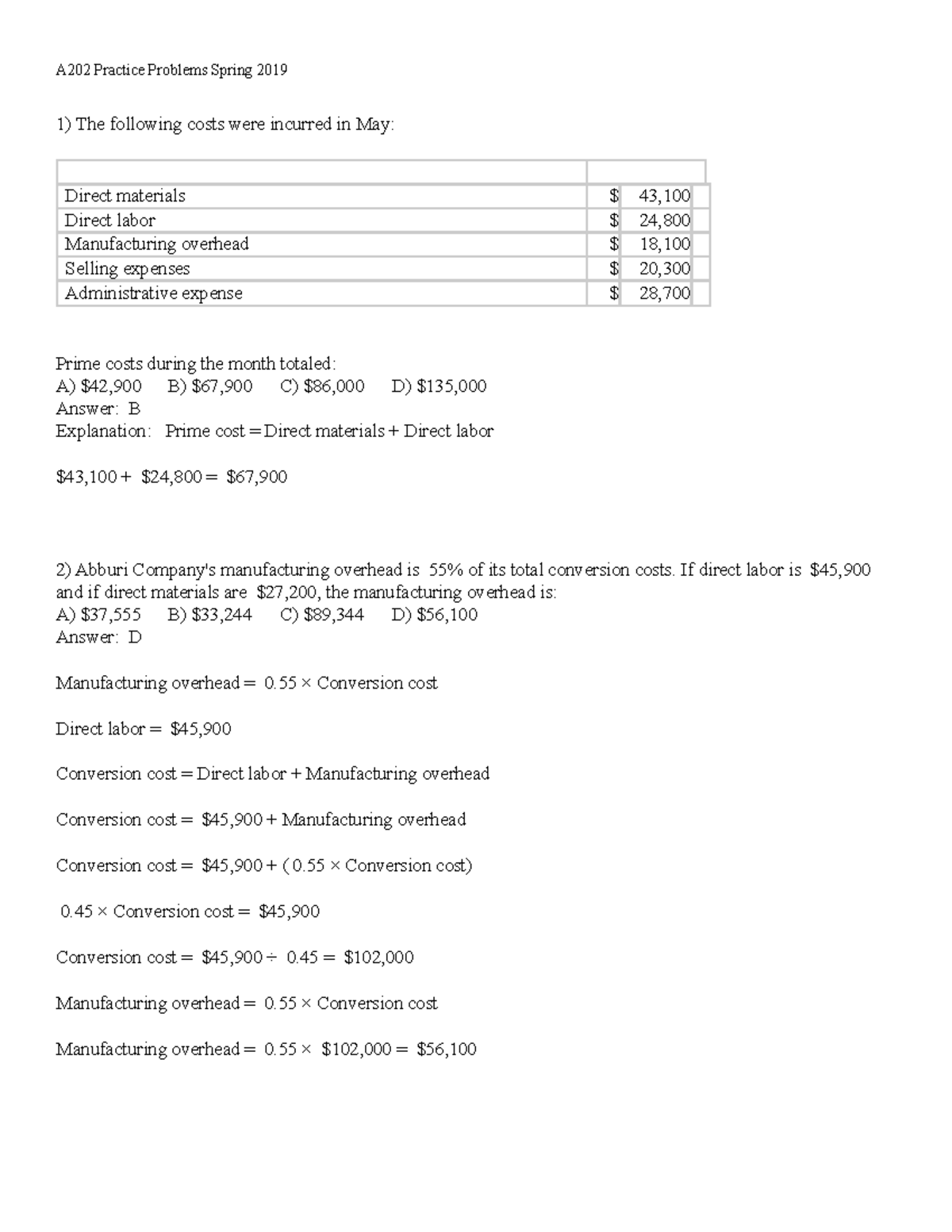 A202 practice problems exam 1 summer 2019 with solutions - A202 ...