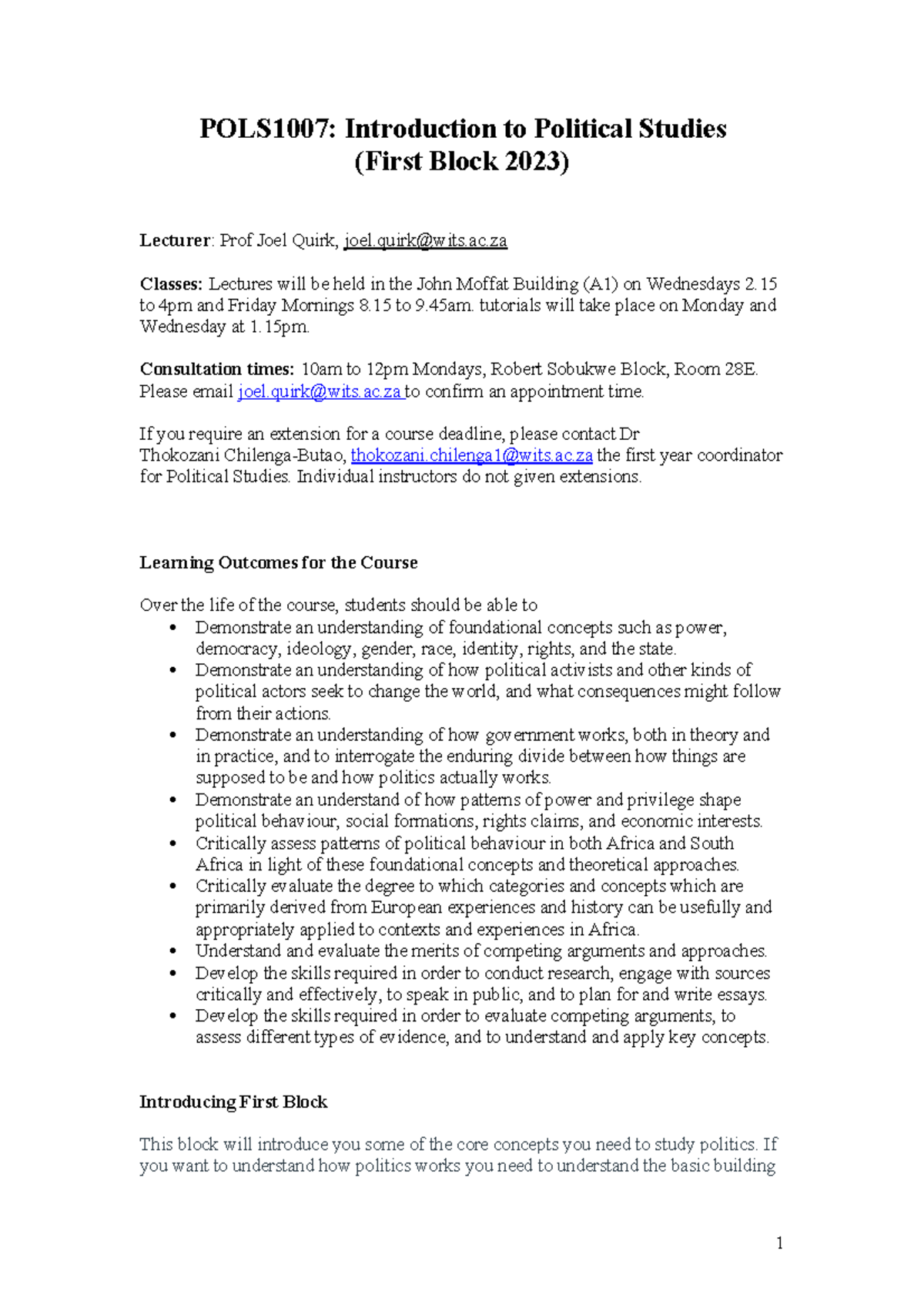 POLS 1007 First Block Course Outline and Key Concepts for 2024 - Studocu
