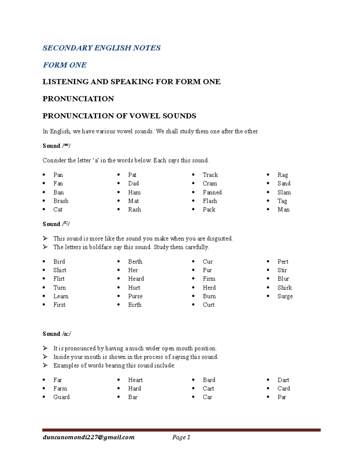 Form 1 English Notes: Pronunciation of Vowel and Consonant Sounds - Studocu