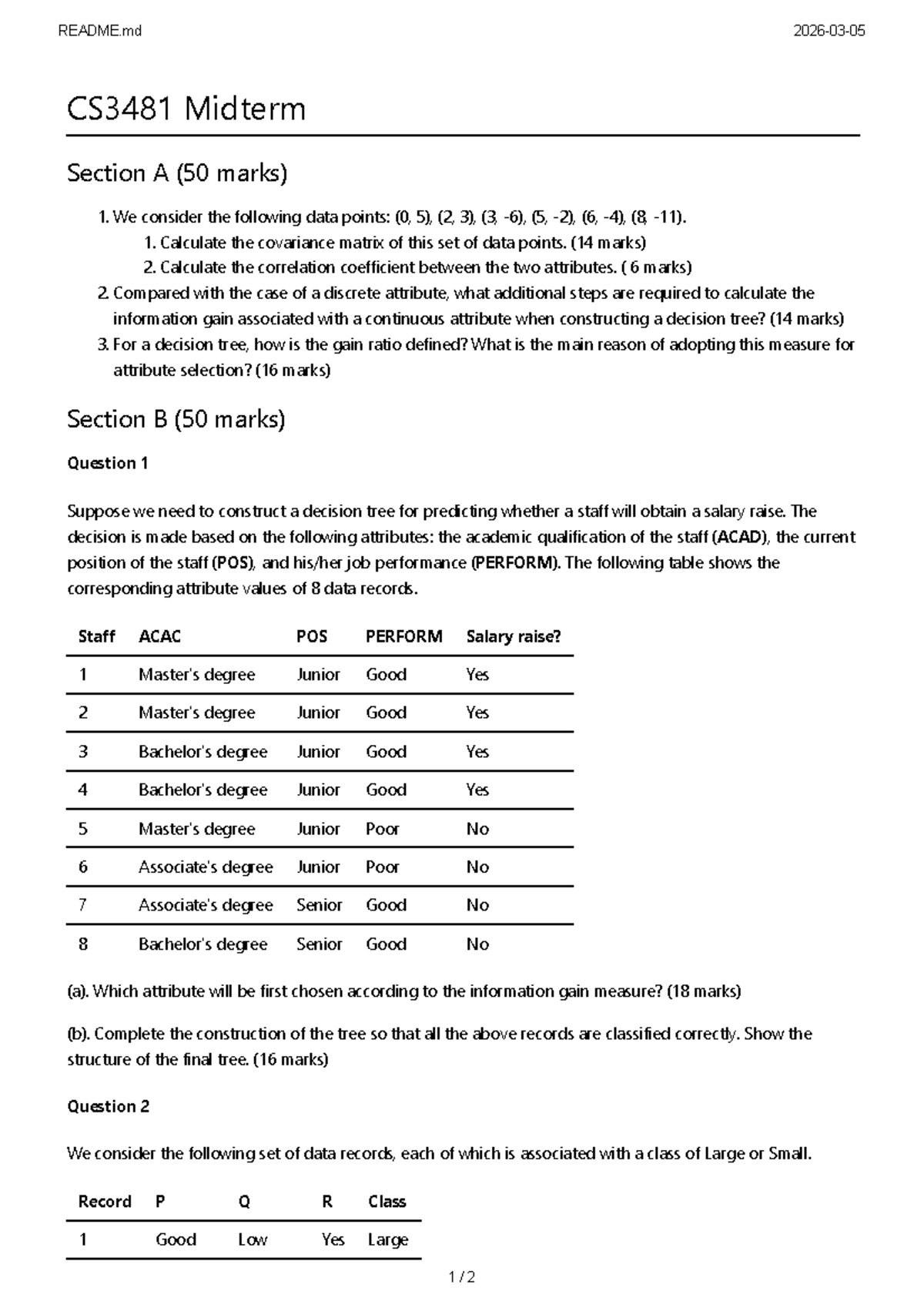 CS3481 Midterm Exam Section A & B: Decision Trees & Covariance Analysis ...