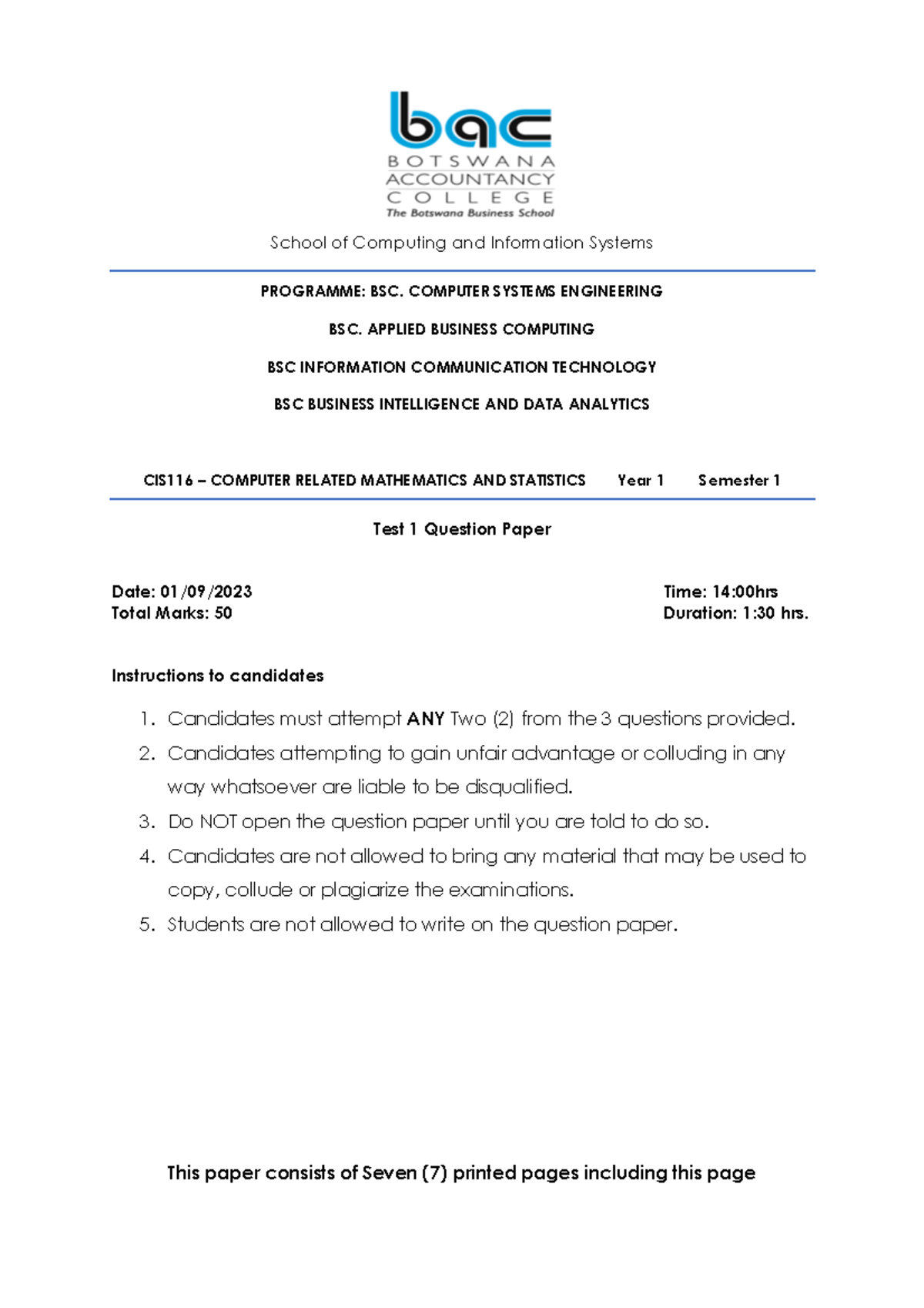 CMS116 Computer Related Mathematics & Statistics Year 1 Test 1 QP 2023 ...