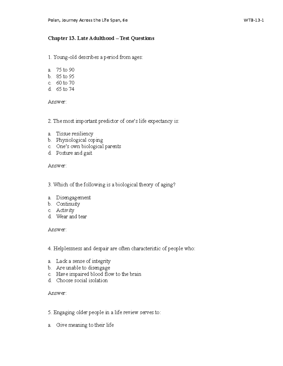 Ch13 - Late Adulthood Test Questions and Answers Review - Studocu