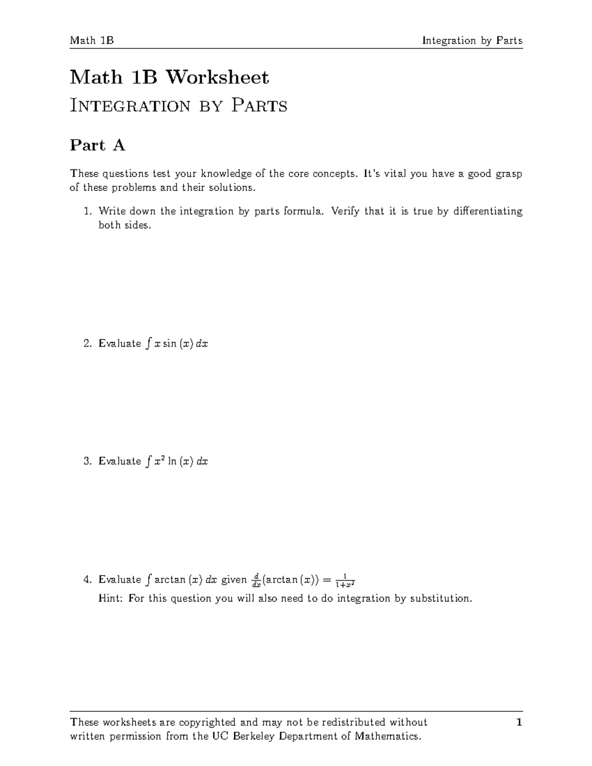 Math 1B Integration by Parts Worksheet: Core Concepts & Challenges ...