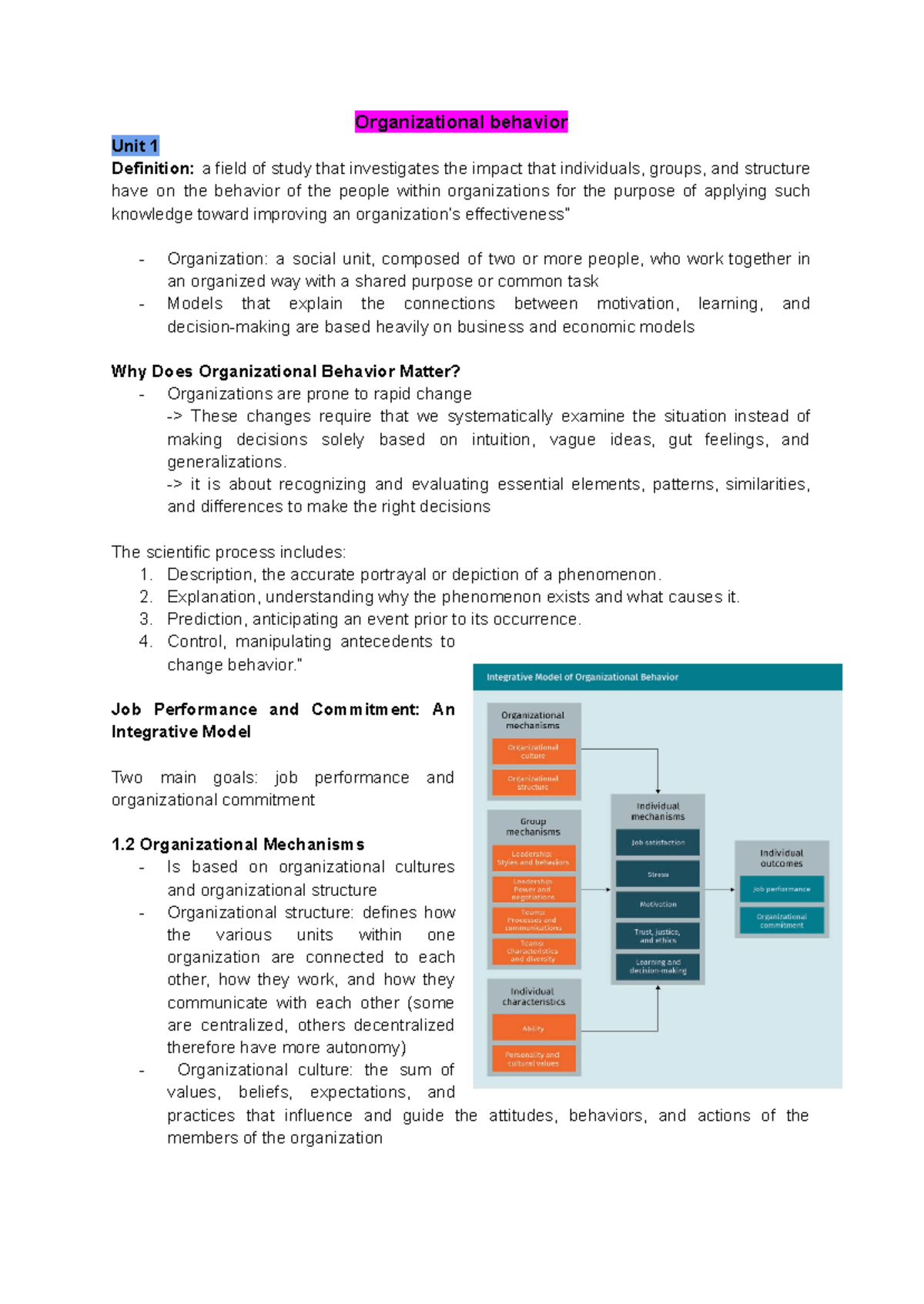 Organizational Behavior Overview (Units 1-5) for Course Code OB101 ...