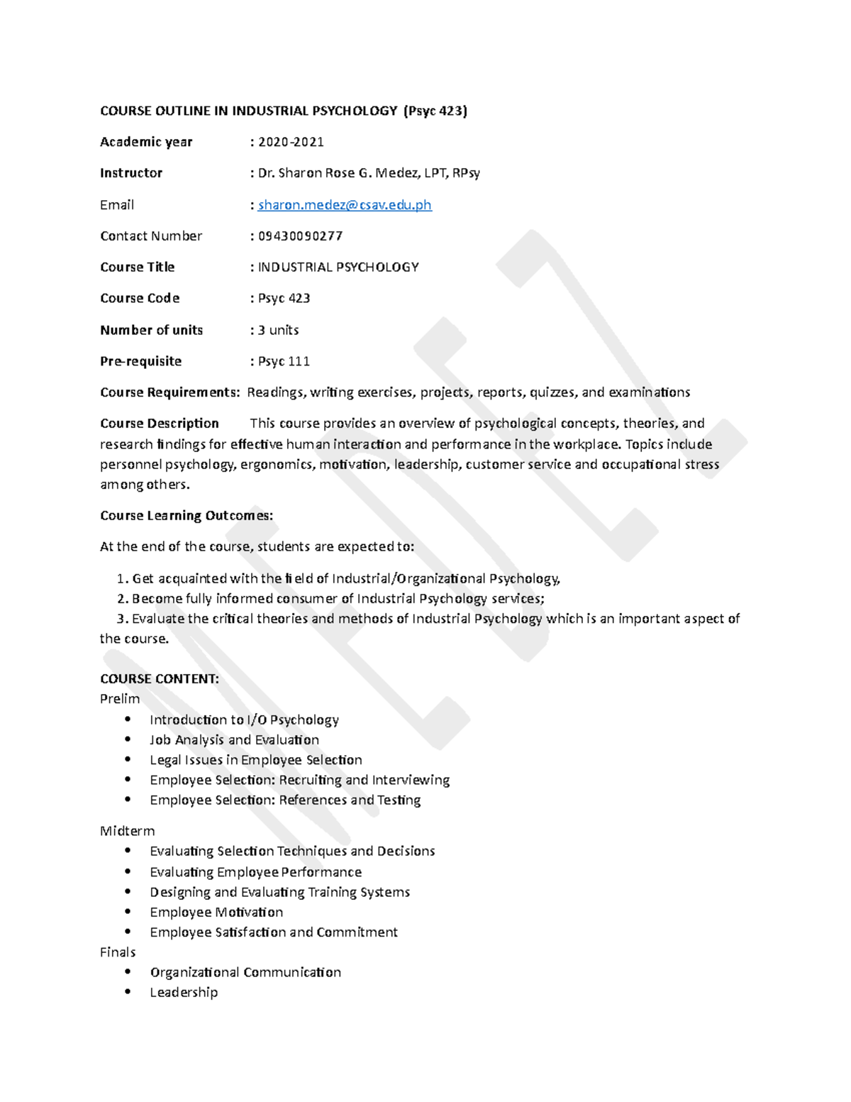 Industrial Psychology Course Outline (Psyc 423) for Academic Year 2020 ...