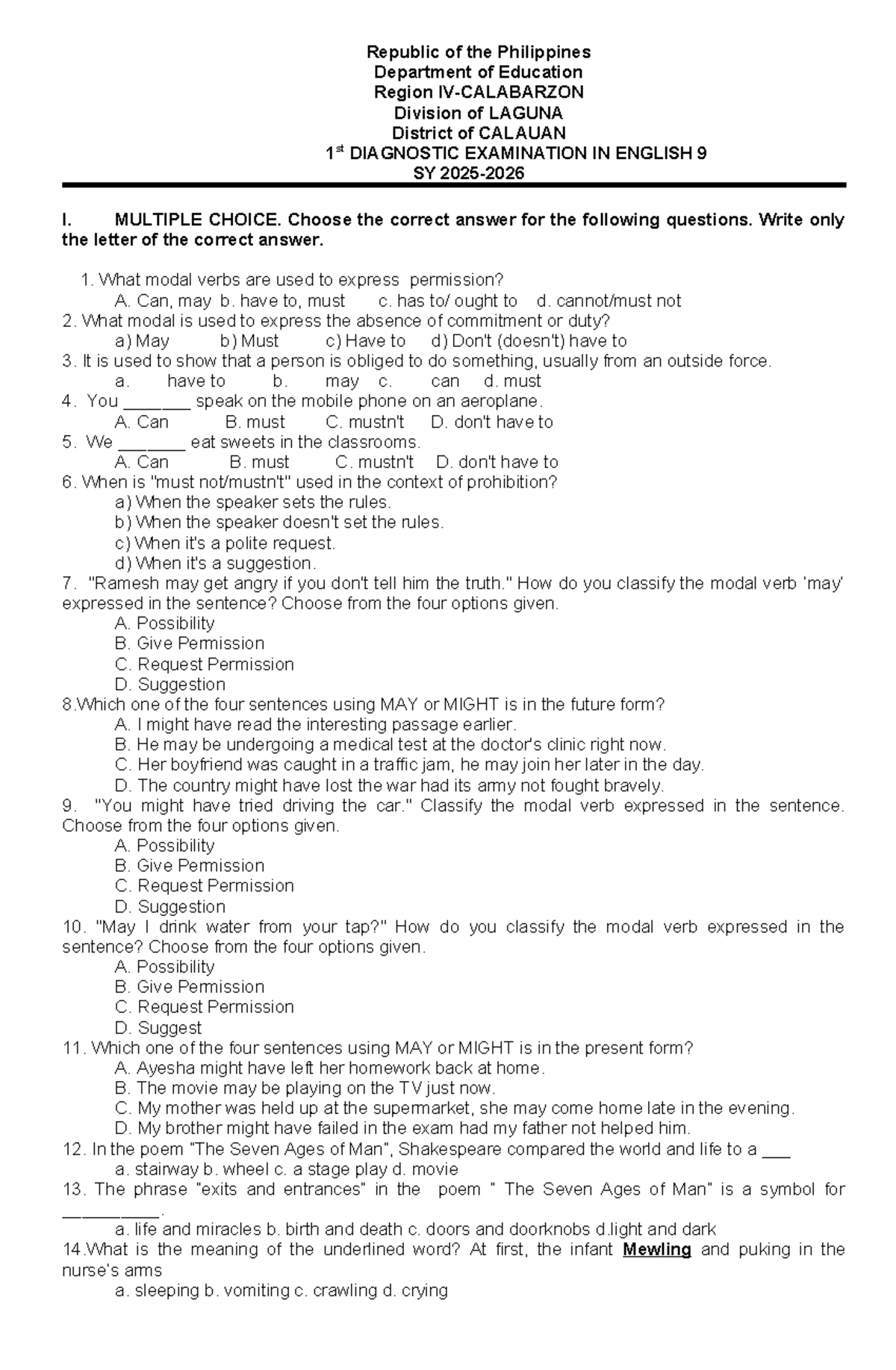1ST DIAGNOSTIC EXAM IN ENGLISH 9 SY 2025-2026 - Studocu