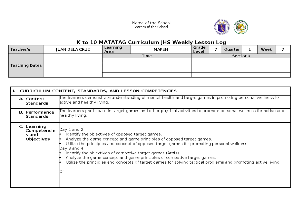 DLL Matatag Week 3: JHS MAPEH Lesson Log for Grade 7 - Studocu