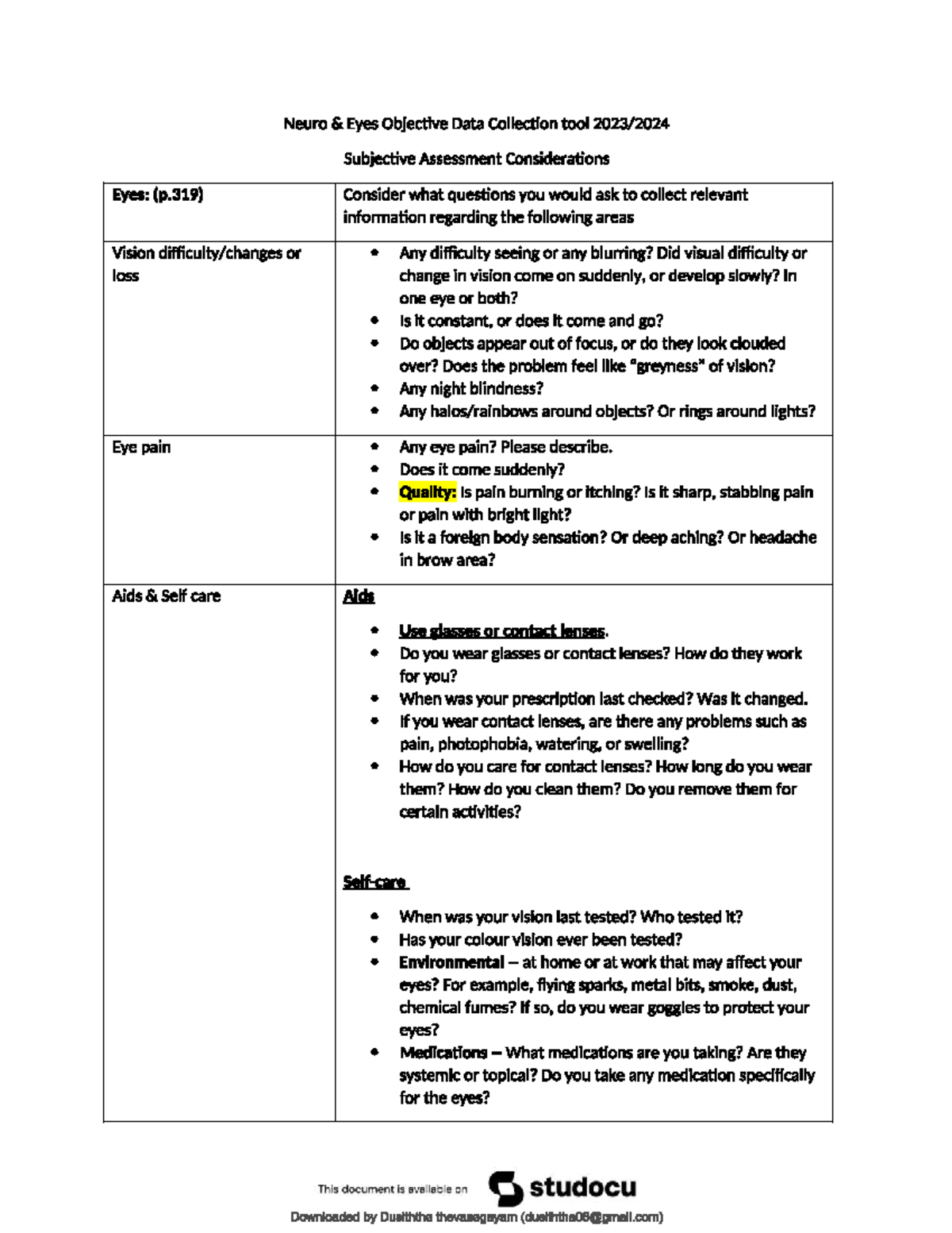 Week 2 Neuro & Eye Objective Data Collection Tool (ODCT) - Studocu