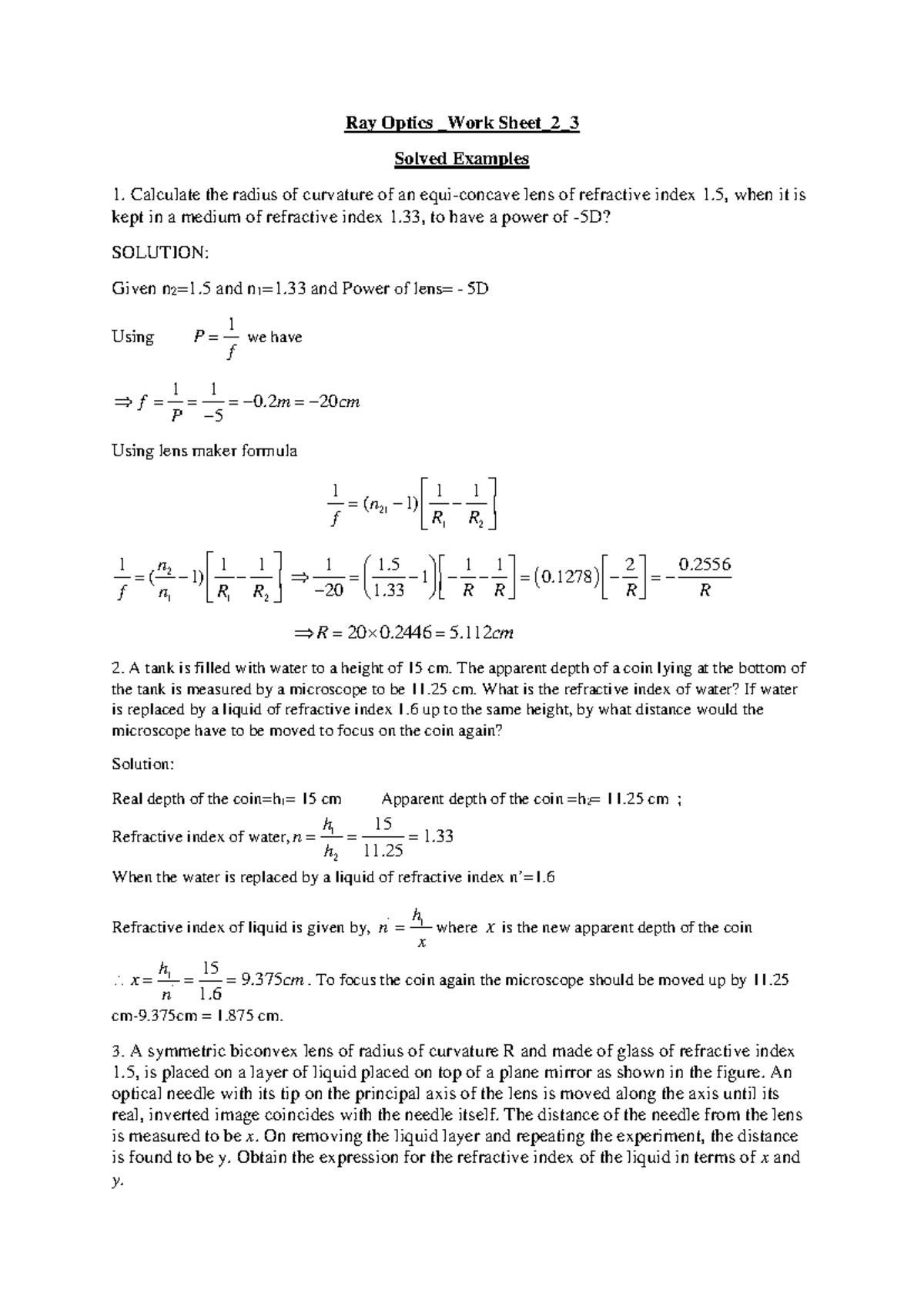 XII Physics RAY Optics WORK Sheet 2 3 - Ray Optics Work Sheet_2 Solved ...