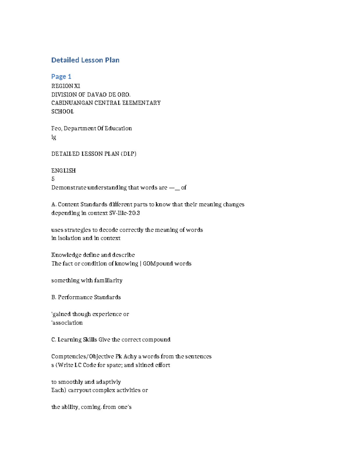 Detailed Lesson Plan for English 5: Understanding Compound Words - Studocu