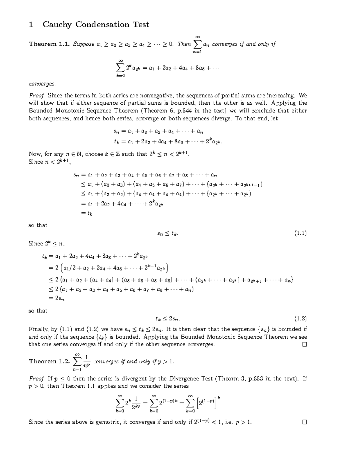 Cauchy condensation test proof - 1 Cauchy Condensation Test Theorem 1 ...