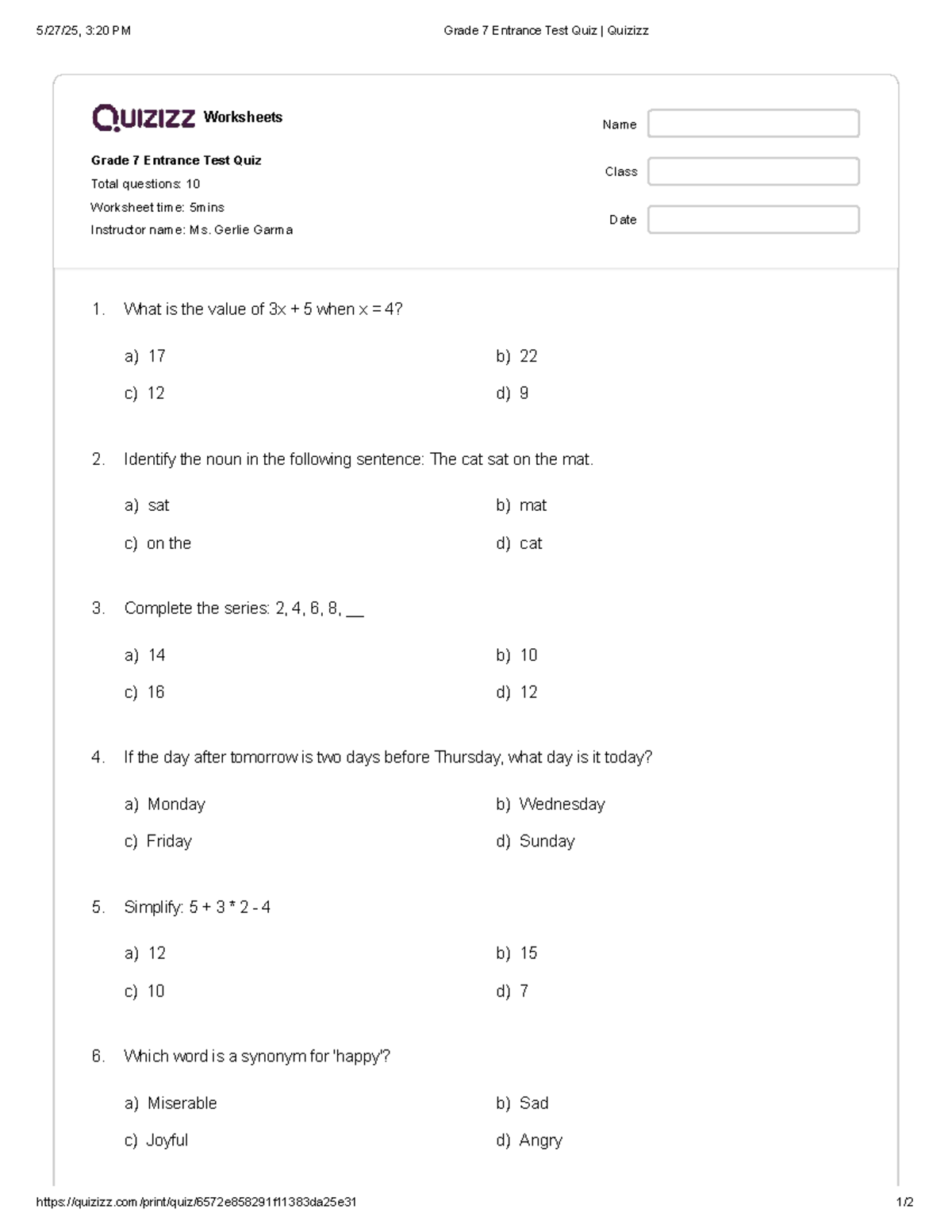 Grade 7 Entrance Test Quiz Quizizz Worksheets (Total: 10 Qs) - Studocu
