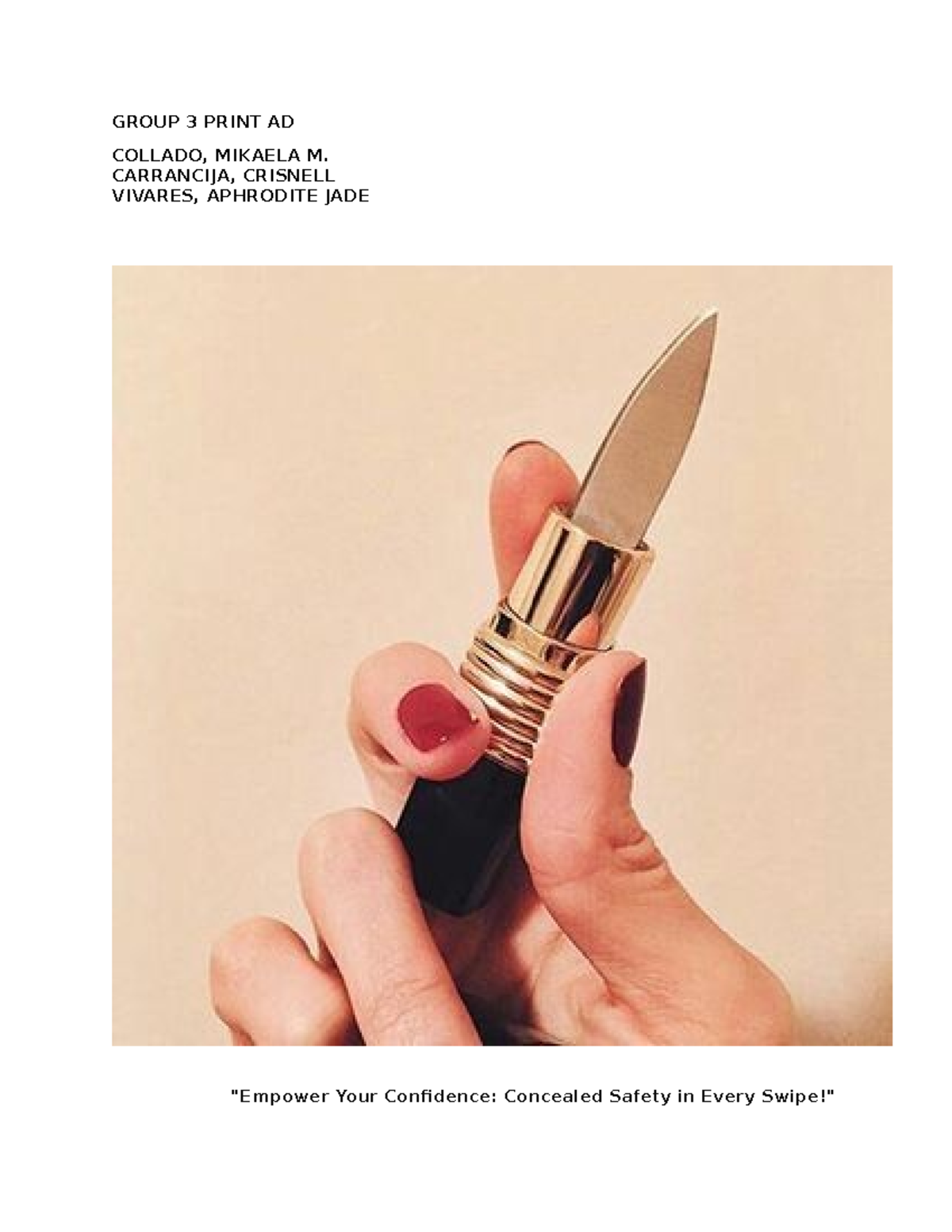 Group 3 Print Ad Analysis: Empowering Women's Safety Tools - Studocu
