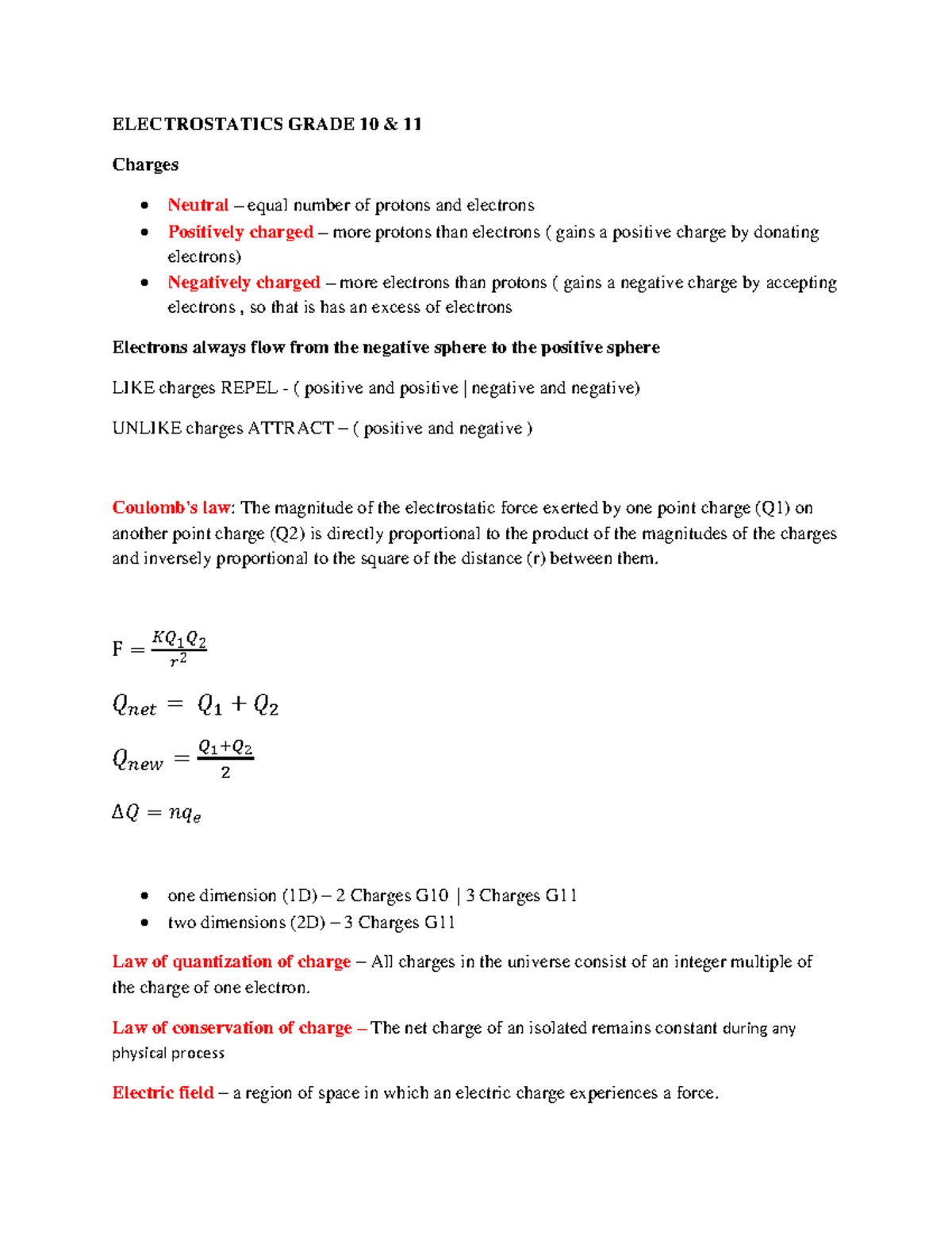 Electrostatics Concepts for Grades 10 & 11: Key Principles and Laws ...