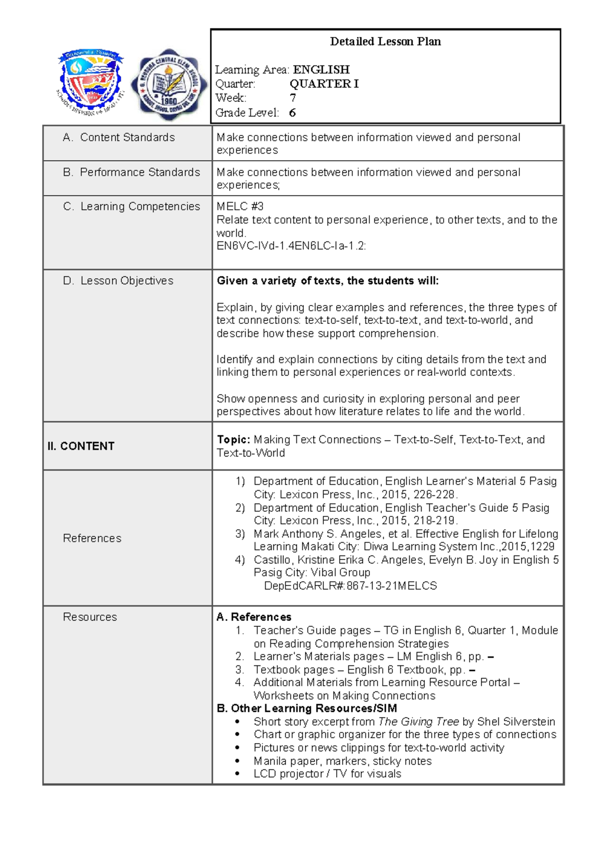 Grade 6 COT English: Detailed Lesson Plan on Text Connections - Studocu