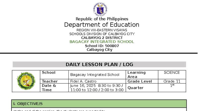 LP ELS WEEK 1 DAY 2 - Grade 11 Science Lesson Plan - Studocu